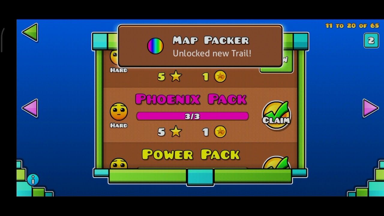 Collecting all 65 Map Pack rewards at once in Geometry Dash.