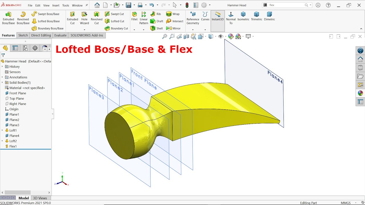 SolidWorks Lofted Boss Base and Flex Feature (Hammer Head)