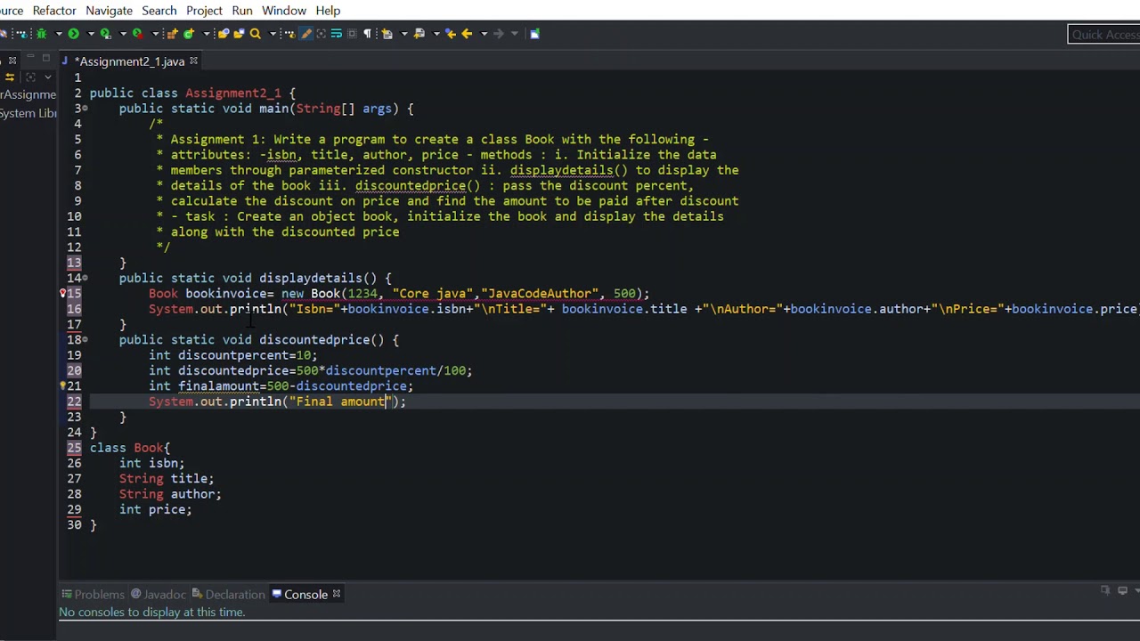 Java program to create a class Book with the following  - attributes: - methods : - task :.