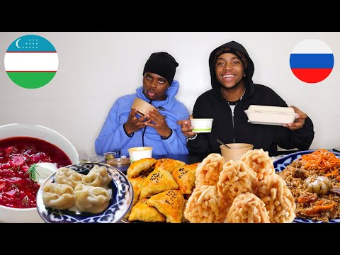 MY FRIEND TRIES RUSSIAN/UZBEKISTAN FOOD FOR THE FIRST TIME (Chak-chak , Borscht , Manti , AND MORE)
