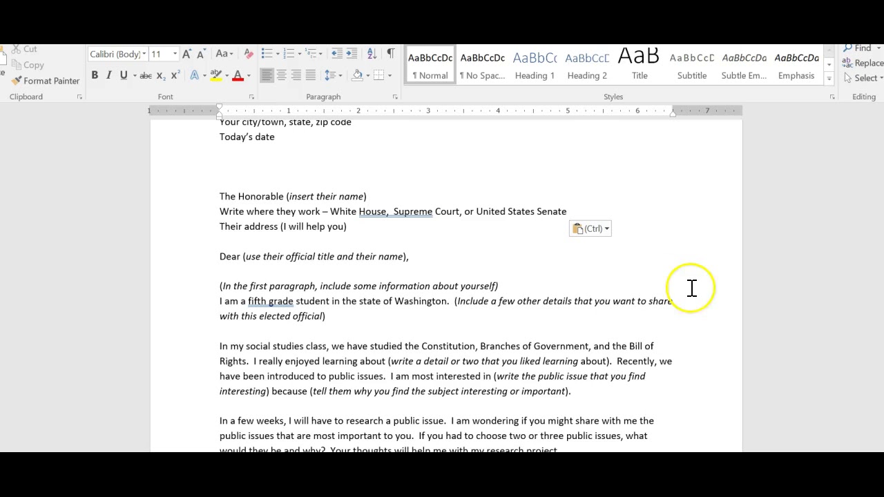 Directions Explained for Letter to an Elected Official