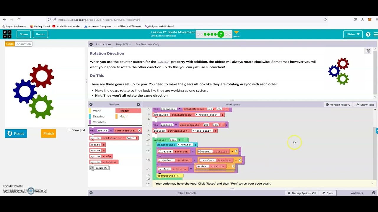 code.org Lesson 12 Sprite Movement