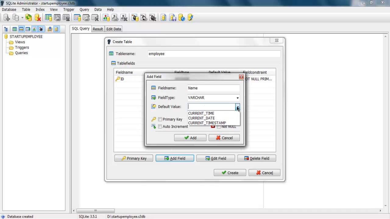 SQLiteAdmin Create Database Table