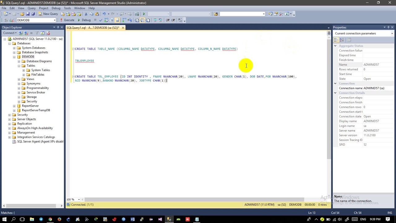 how to create table in sql server 2012