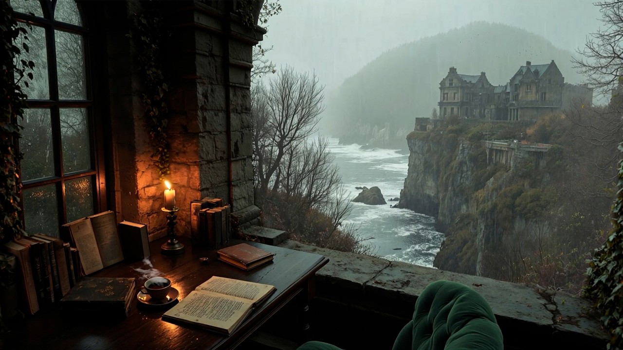 Late Night Reading by the Seaside Manor Window | Rain, Waves & Candlelight Ambience | Dark Academia