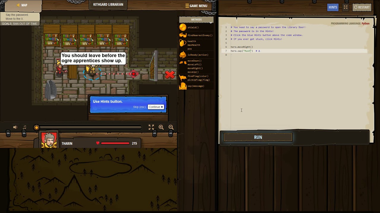 Code Combat PYTHON Level KITHGARD LIBRARIAN, Arguments, Basic Syntax, Strings, Reading the Docs
