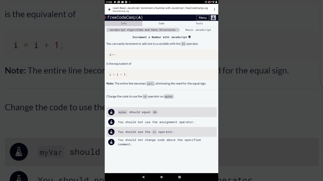 freeCodeCamp - Basic JavaScript - ☑️ Increment a number  ☑️ Decrement a number