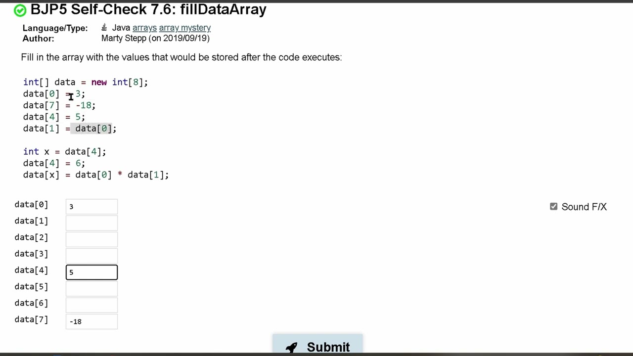 Java Practice It   |   Self-Check 7.6: fillDataArray   |   arrays, array mystery, array basics