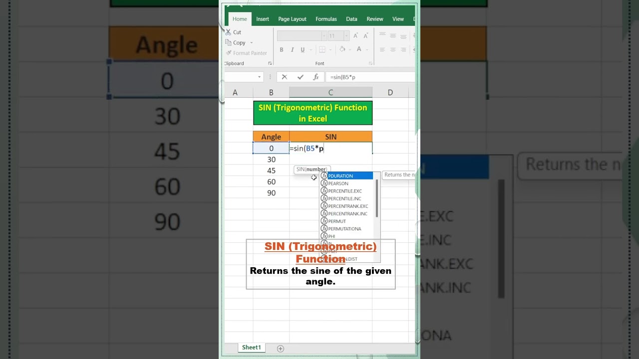Day 10/100 | SIN (Trignomatric) Function in Excel | Excel Function Challenge | #shorts #excel