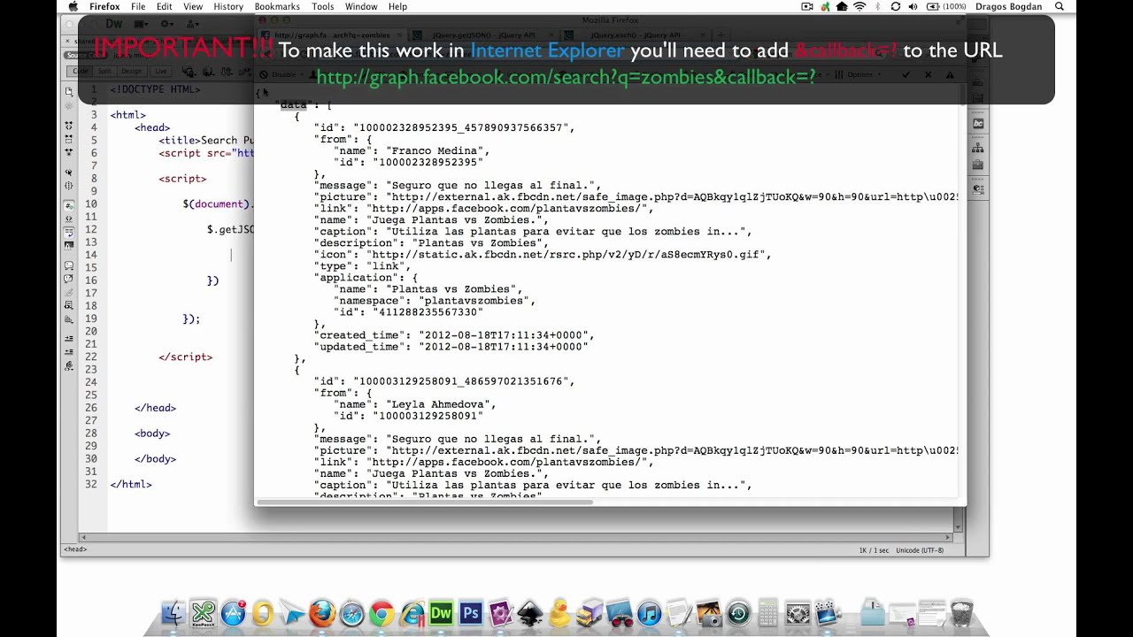 (2/15) Basic jQuery Script to Retrieve JSON Data from Facebook Graph API