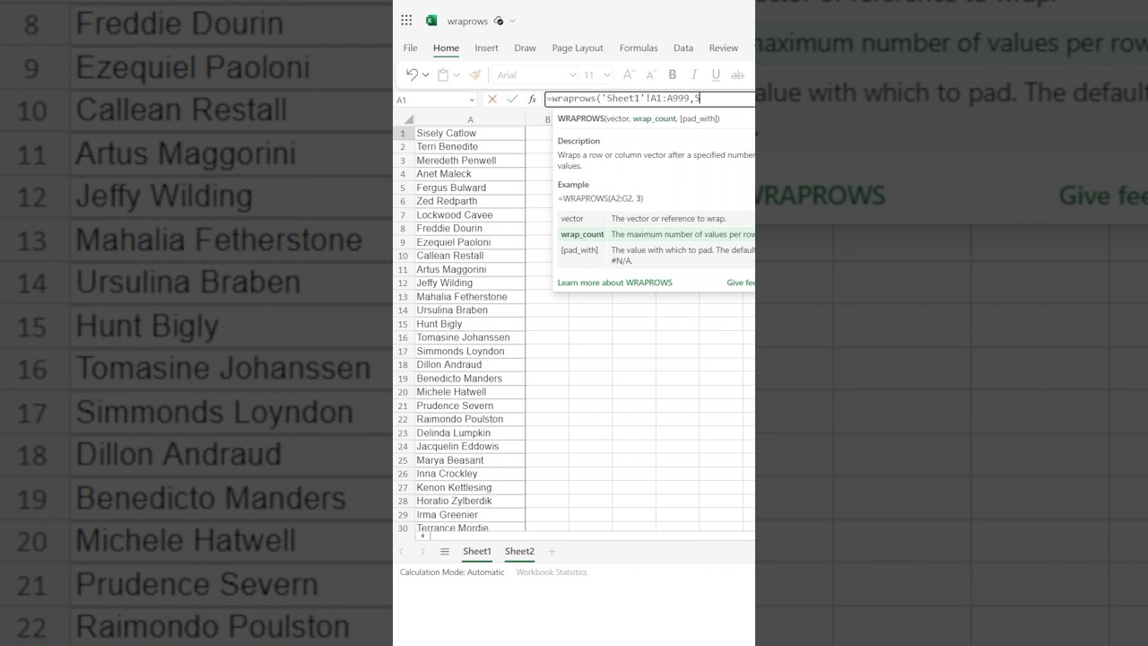 WRAPROWS Function in Excel (Explained in 30 Seconds) #shorts #excel