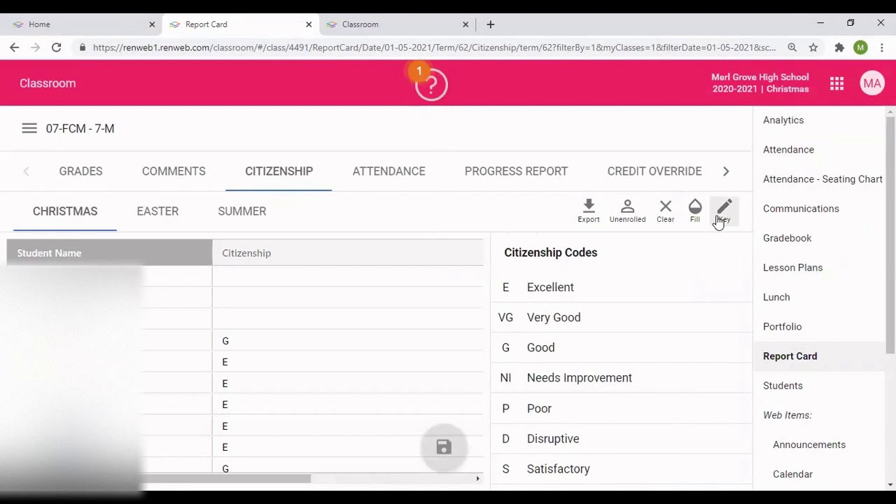 Renweb- Entering Comment & Citizenship (Conduct)