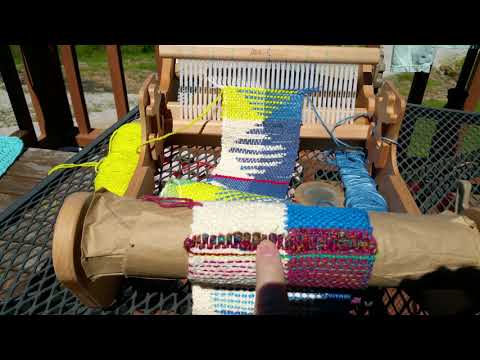 5/14/19 Chambray Diamonds saori weaving scarf, with tapestry techniques. Rigid heddle loom Eve Starr