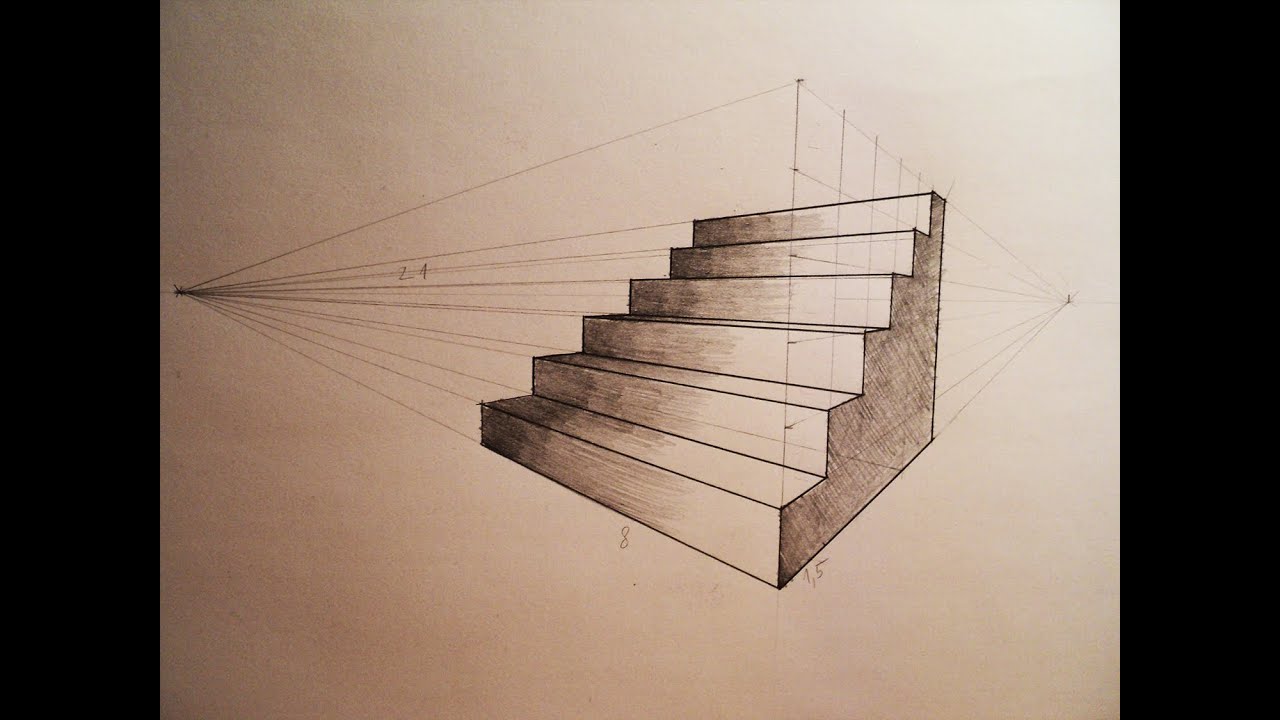 How to draw - Two point perspective - stairs - tutorial