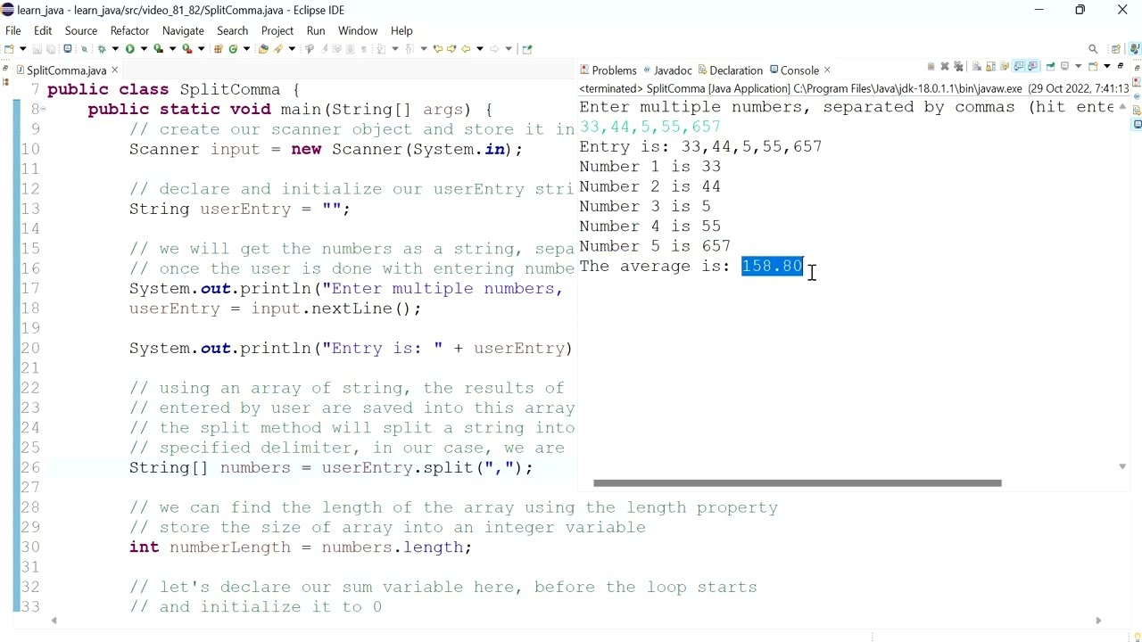 Java 82: Using the split method to get multiple user input separated by a comma