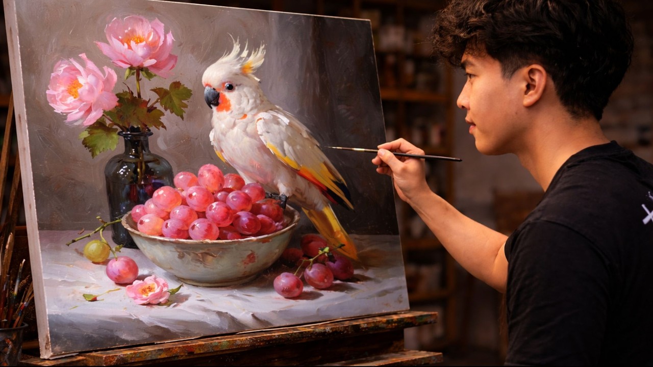 🎨 You Won’t Believe This Is Acrylic! | Painting a Realistic White Parrot, Grapes & Roses | #190
