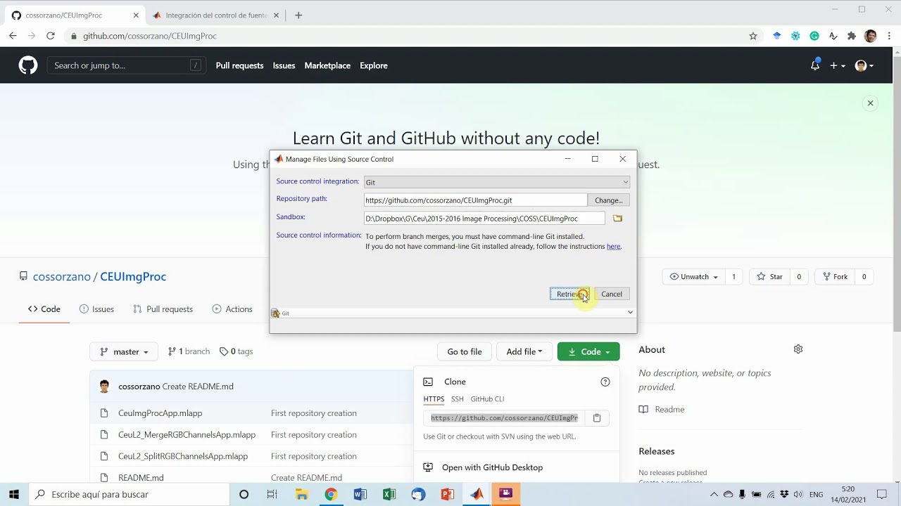 How to clone and create a branch in Matlab from a Github repository