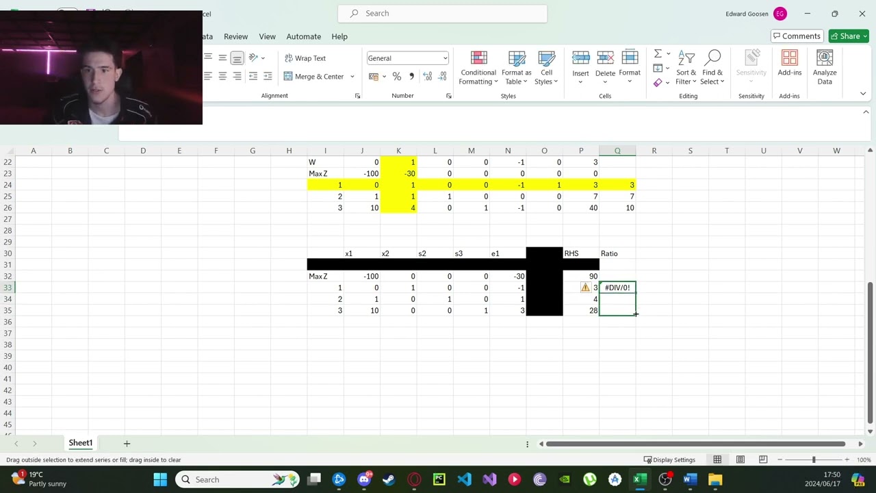 Solving a Linear Programming problem in Excel using the Two Phase Simplex Method