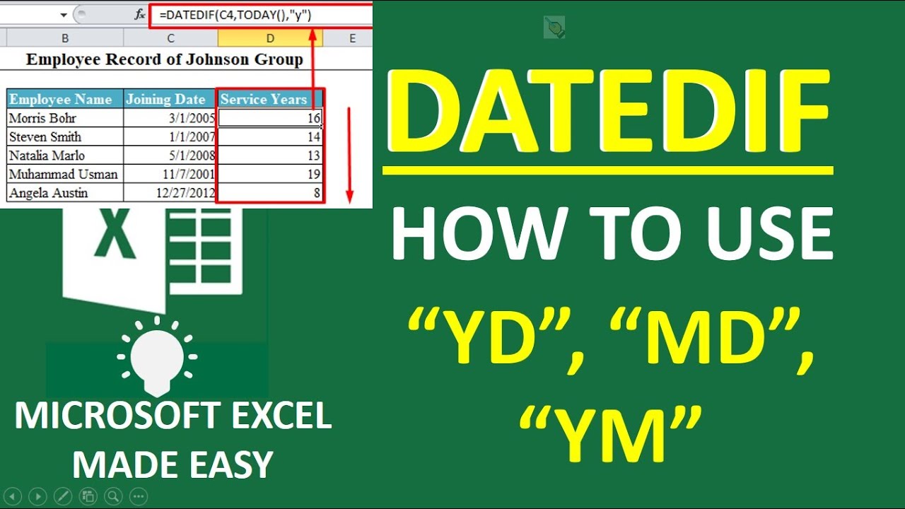 Detailed Excel DATEDIF Function | =DATEDIF (start_date, end_date, 