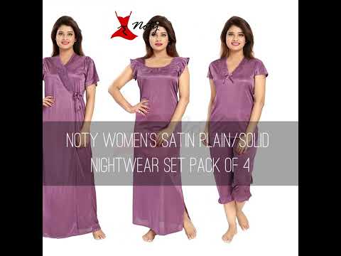 Noty Women's Satin Plain/Solid Nightwear Set Pack of 4