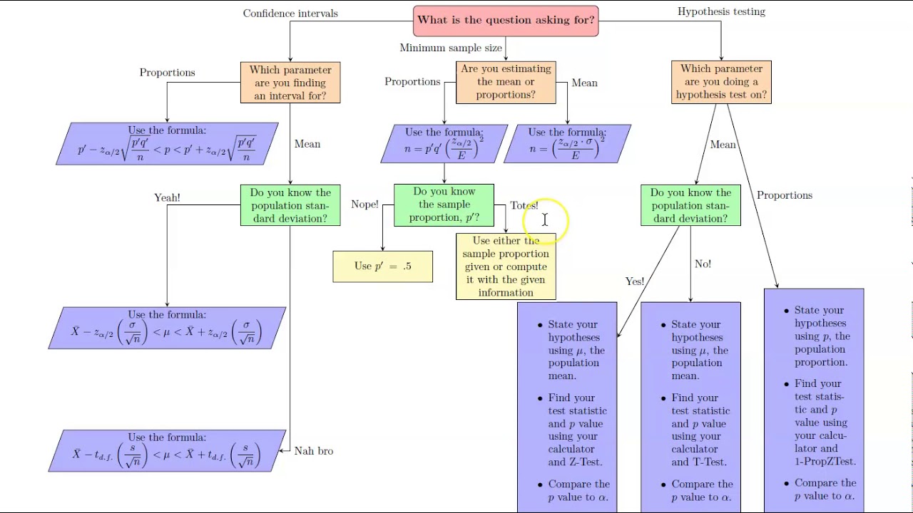 Elementary Statistics - Exam 2 review with flowchart
