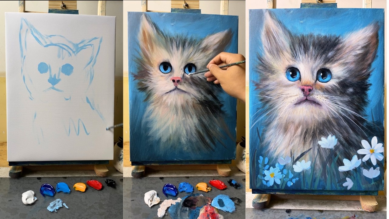 Painting a Cute Kitten 🐱| Acrylic Painting for Beginners #111
