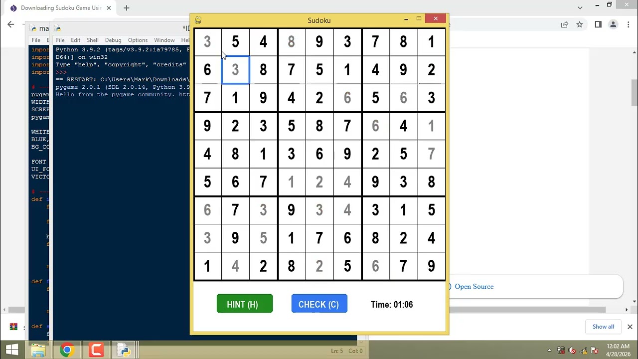 Sudoku Game Using Pygame