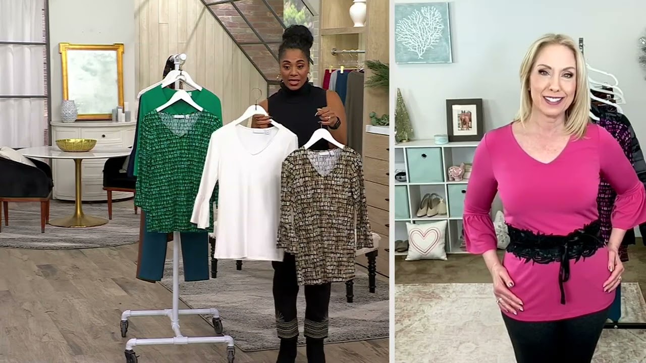 Susan Graver Set of 2 Print & Solid Liquid Knit 3/4 Bell Sleeve Tops on QVC