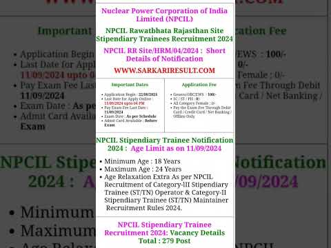 Nuclear Power Corporation of India Limited NPCIL Rawatbhata Rajasthan Site S T Recruitment 2024