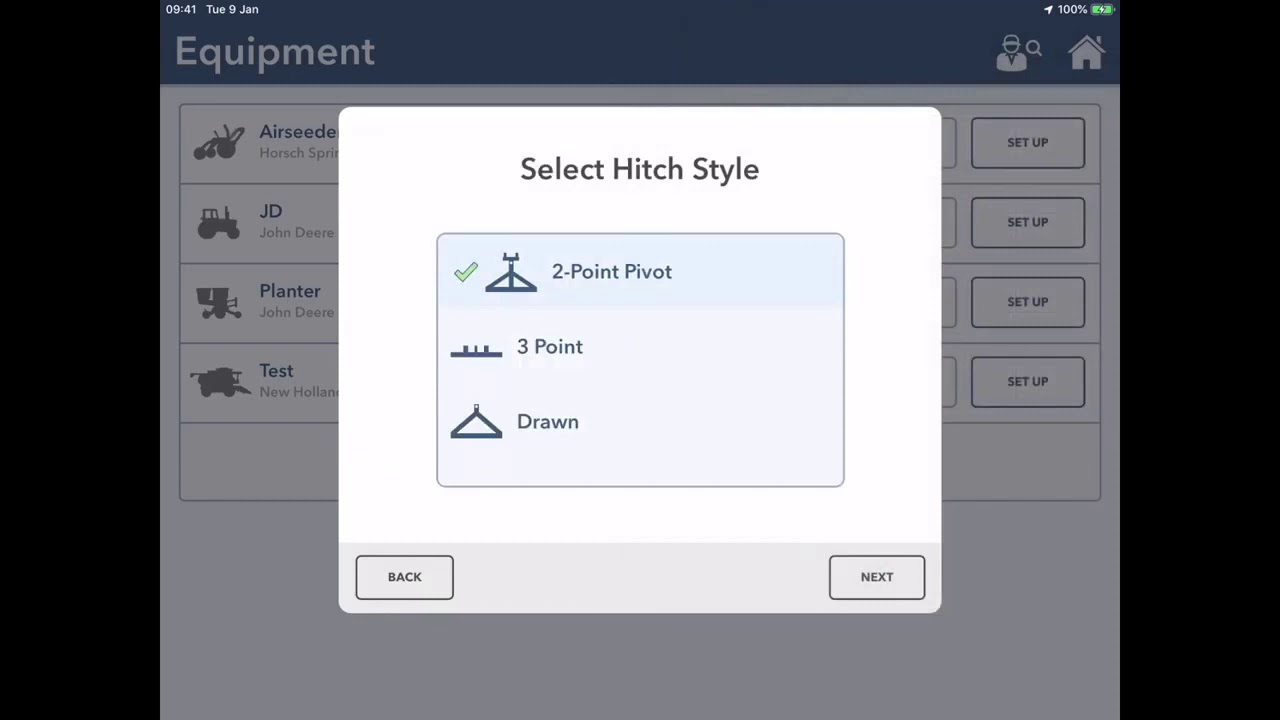 Setting up application equipment in Cab App