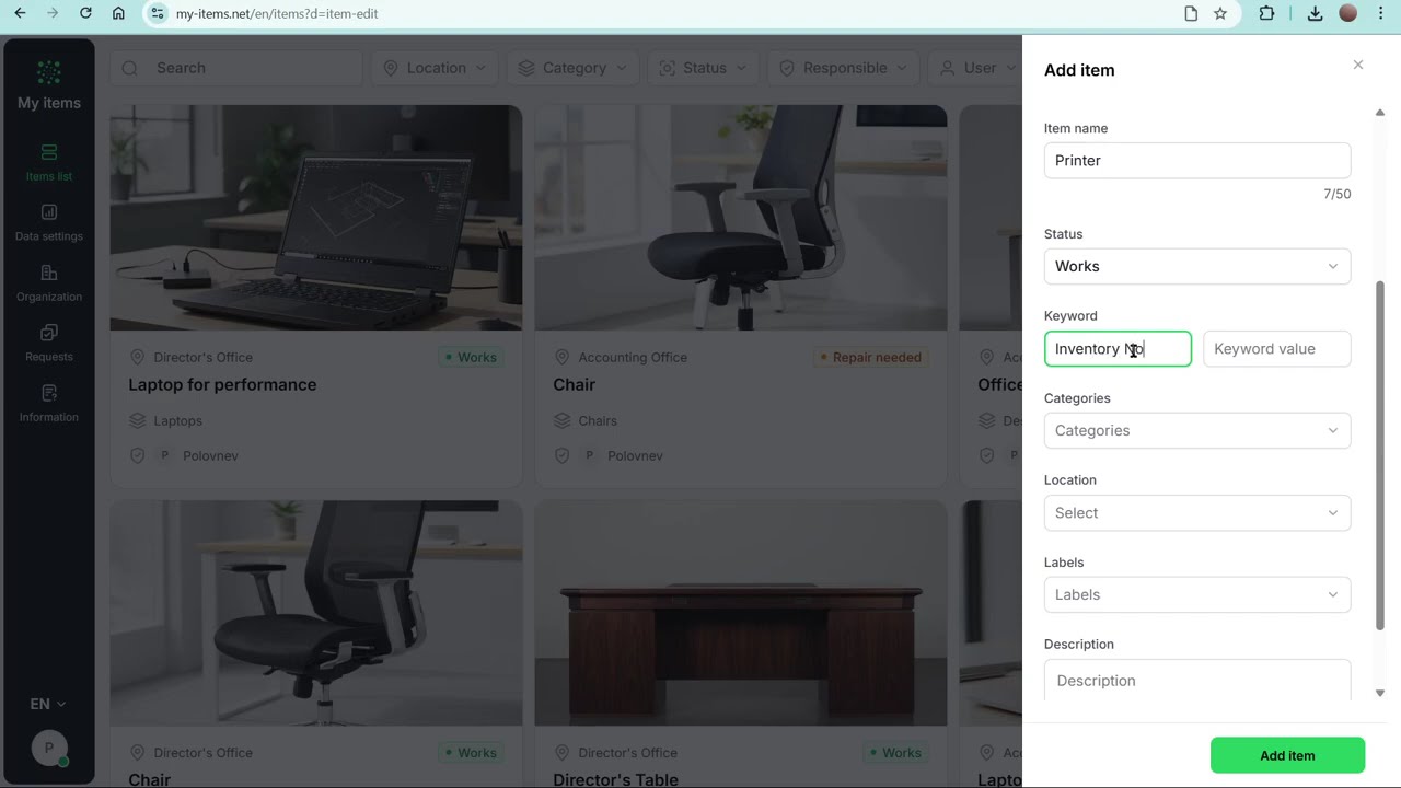 Detailed item creation (My items)