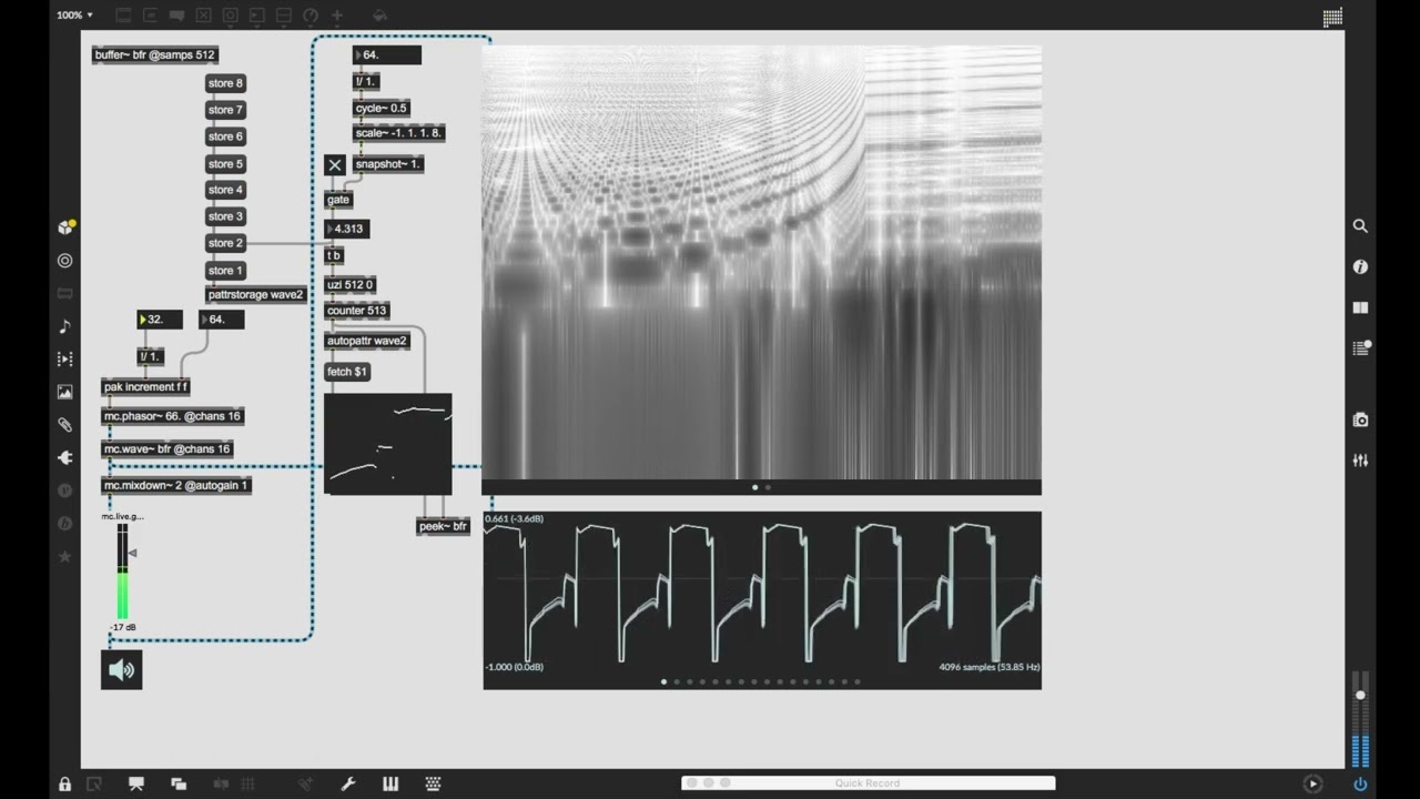max/msp - wavetable oscillator via multislider and peek~