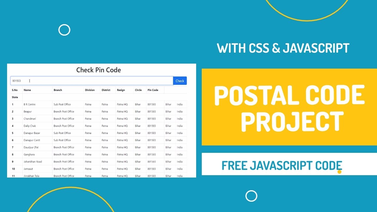 Check a postal code in JavaScript | Pic Code Search Project using JavaScript