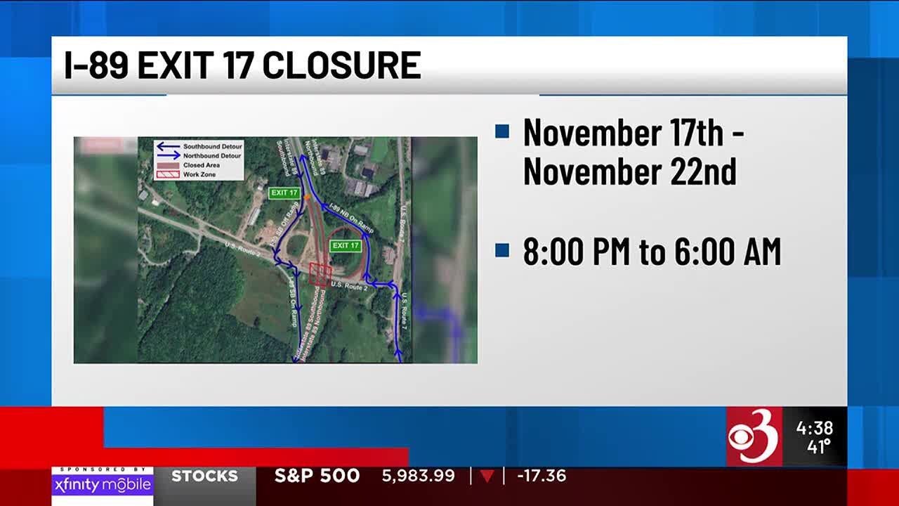 Traffic Alerts: I-89 Colchester Exit 17; I-91 Exit 10A