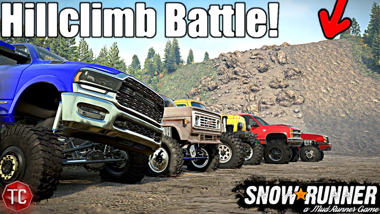 SnowRunner: FULLY BUILT TRUCKS vs HUGE HILLCLIMB!!