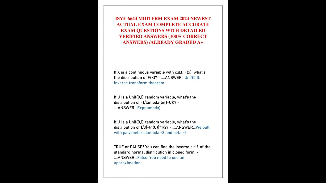 ISYE 6644 MIDTERM EXAM 2024 NEWEST ACTUAL EXAM COMPLETE ACCURATE EXAM QUESTIONS WITH DETAILED VERIFI