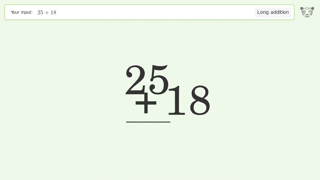 Long addition: Solve 25+18 step-by-step solution