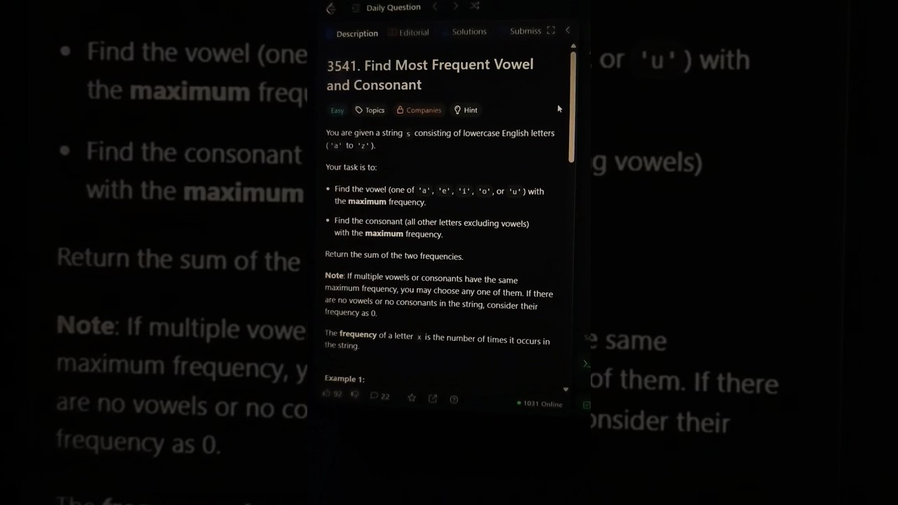 Today Leetcode 3541 Solution | Java C++ Python | Daily Coding Shorts #motivation #shortsindia  #code