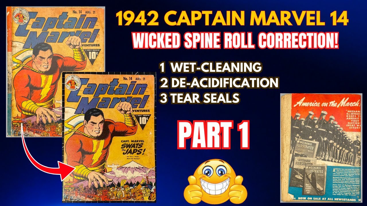 Wow! 1942 Captain Marvel Adventures 14 Comic Wet Cleaning and Spine Roll Correction Part 1