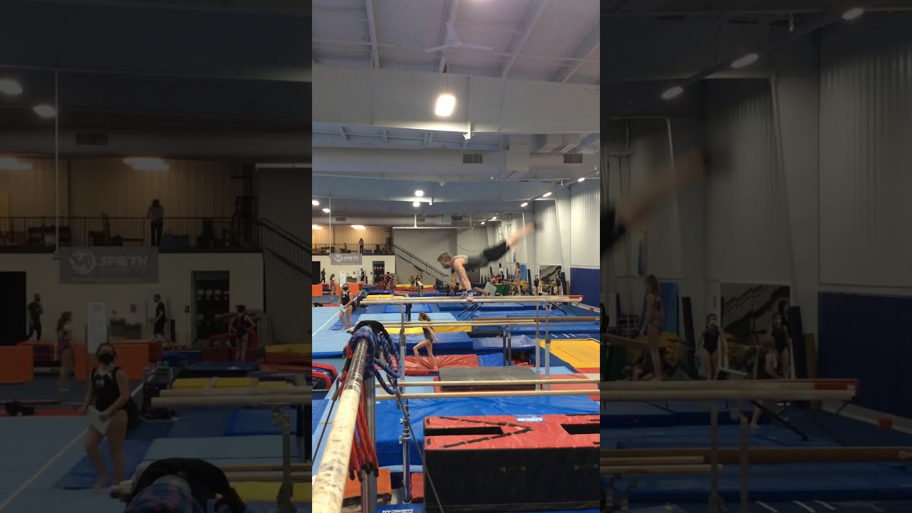 Double front dismount on hard surface- p.bars