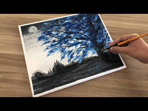 Black and White Landscape Painting | Blue Tree | Acrylic Painting for Beginners | Daily Art 52