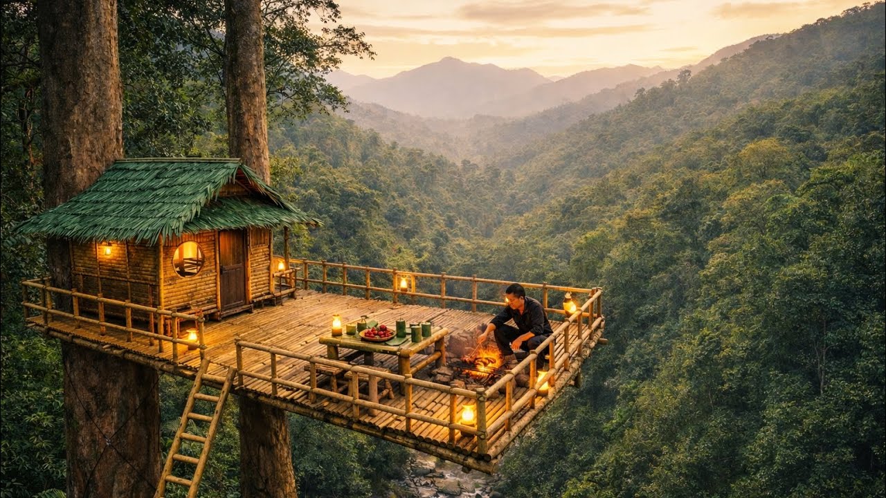 I Built a Survival Treehouse Between Two Giant Trees | Off Grid Jungle Living