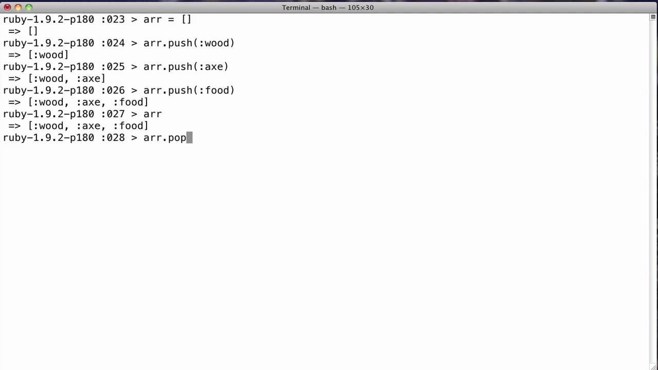 Using Ruby Arrays As Stacks, push, pop. shift