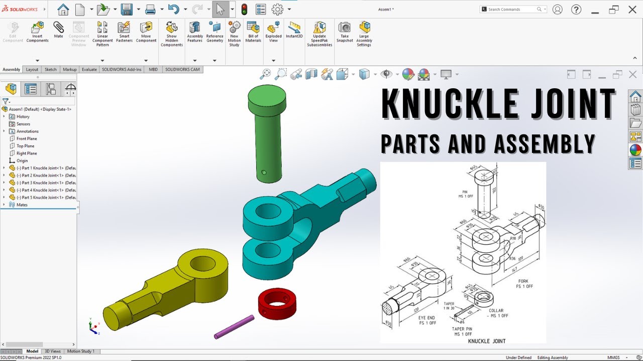 Knuckle Joint in SolidWorks | Full Tutorial: Part Modeling & Assembly
