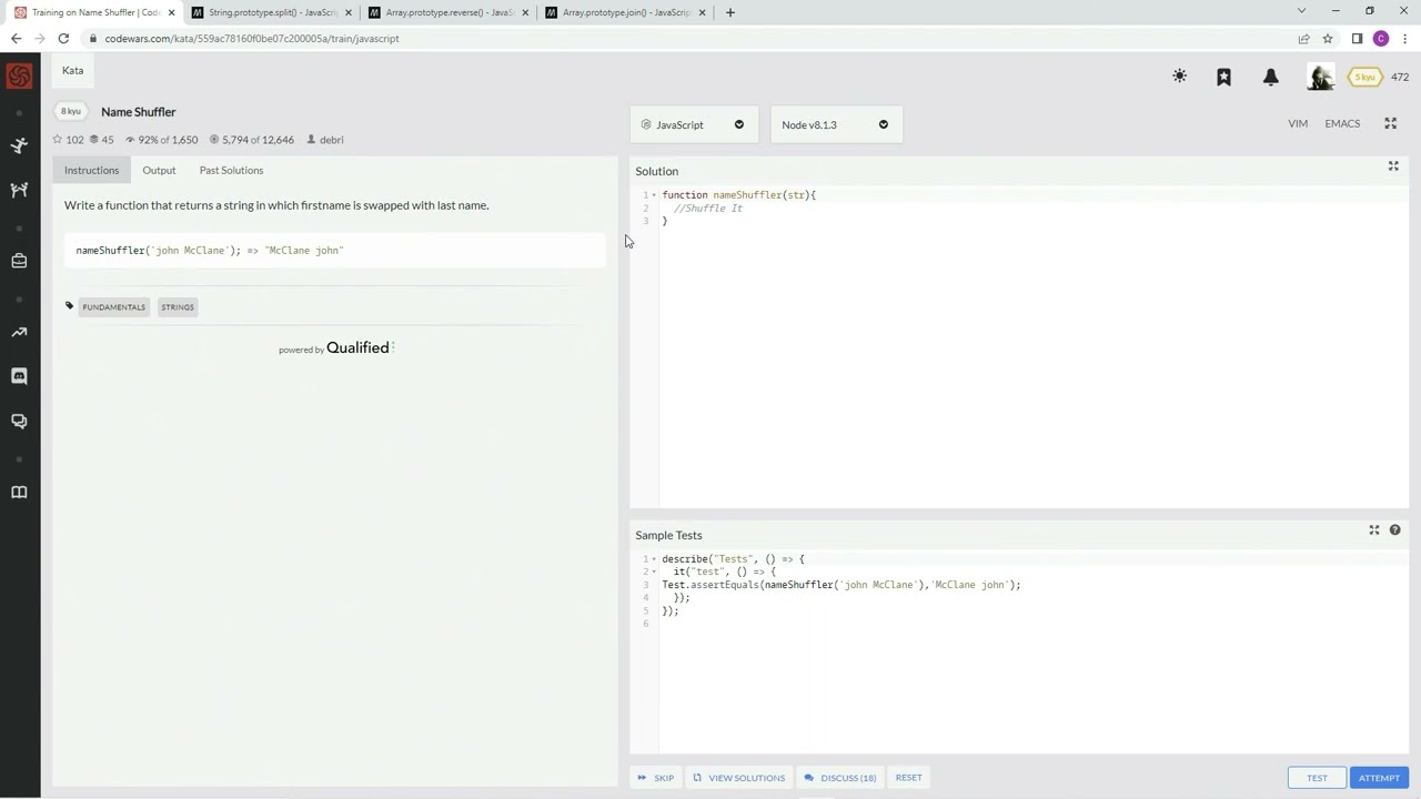 Codewars 8 kyu Name Shuffler JavaScript