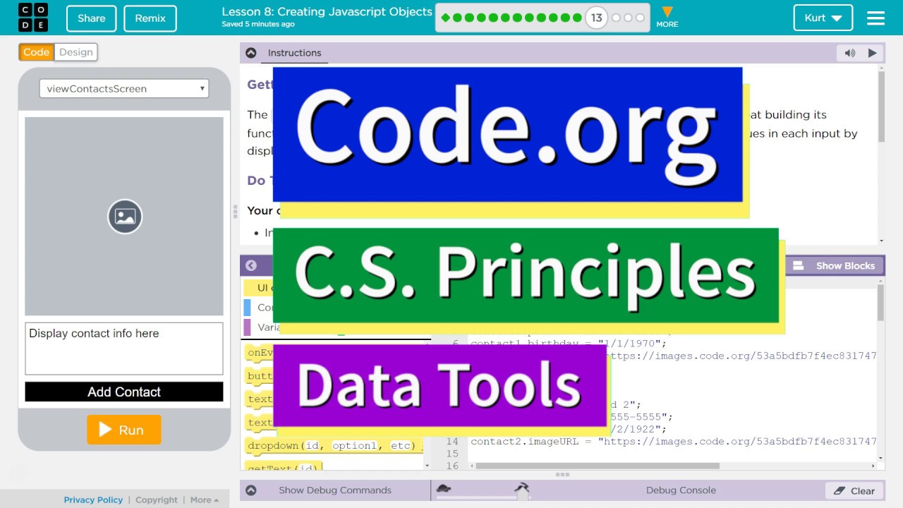 Creating Javascript Objects Lesson 8.13 Tutorial with Answers Code.org CS Principles