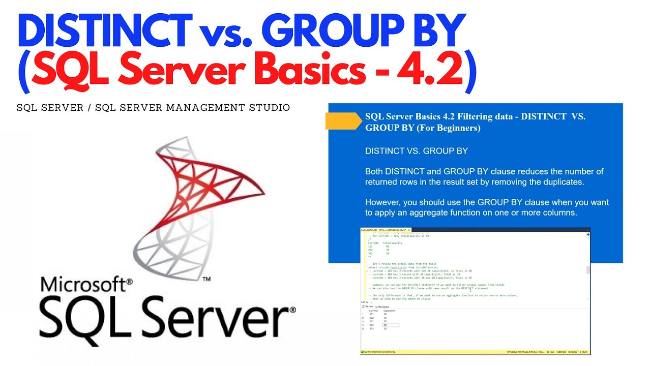 SQL Server Basics 4.2 Filtering data - DISTINCT vs GROUP BY (For Beginners) #ezettutorial #sqlserver