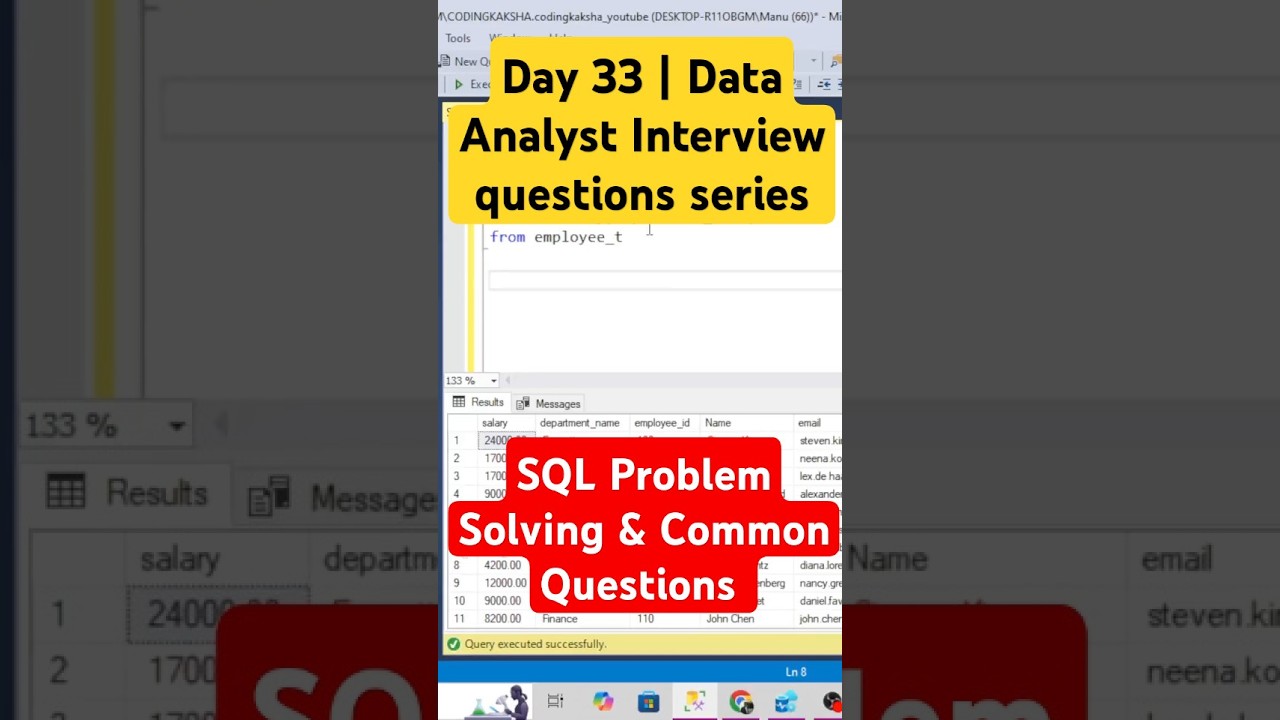 Day - 33 | Data Analyst Interview: SQL Problem Solving & Common Questions #azure #sql #coding