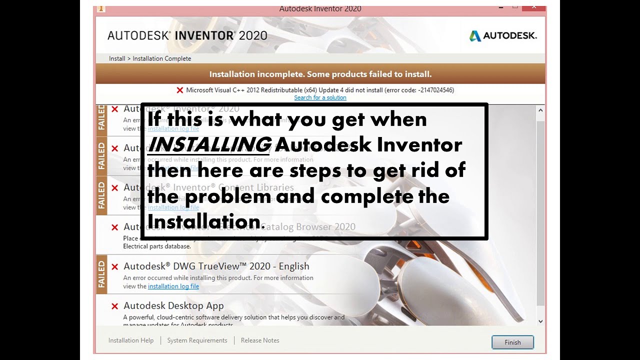 Inventor shows Installation incomplete. Some Products failed to install