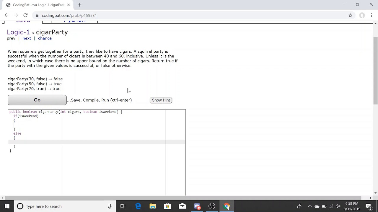 Logic-1 (Cigar Party) Java Tutorial || Codingbat.com
